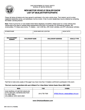 Fillable Online publicsafety ohio NEW MOTOR VEHICLE DEALER SHOW Fax ...