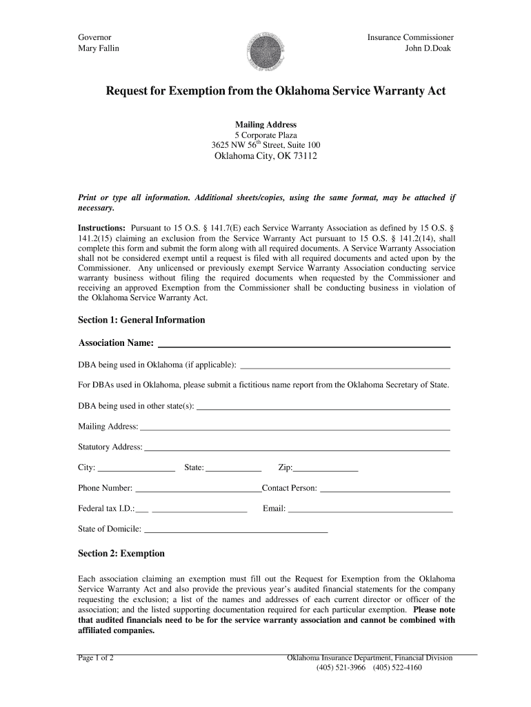 Fillable Online Oklahoma Service Warranty Act Exemption Form Fax Email ...