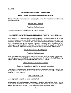 Fillable Online ok Rev 1/09 OKLAHOMA ACCOUNTANCY BOARD (OAB) INSTRUCTIONS FOR REINSTATEMENT ...