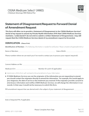 Fillable Online Disagreement Statement Form - Cigna Fax Email Print - pdfFiller