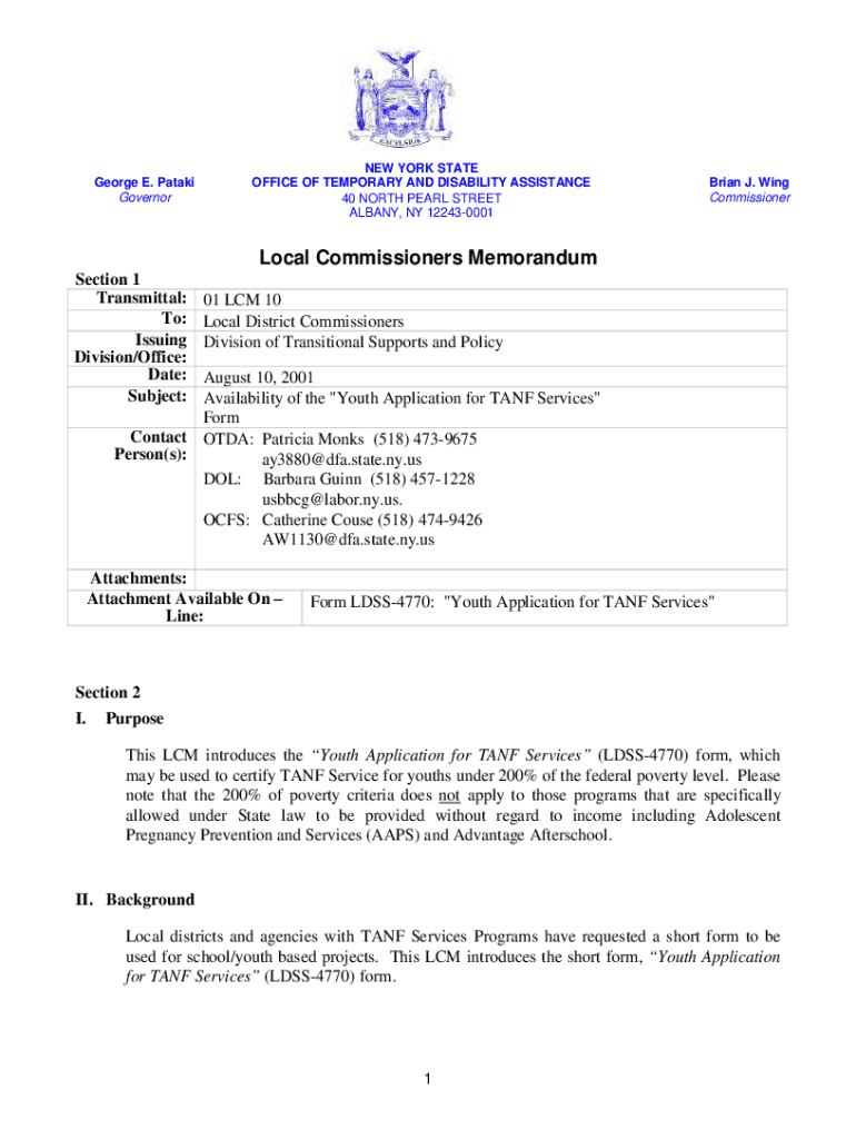 Fillable Online otda ny 01 LCM-10-Availability of the "Youth ...