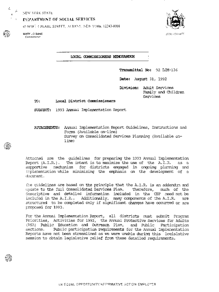 Fillable Online otda ny 92 LCM 136 - Annual Implementation Report ...