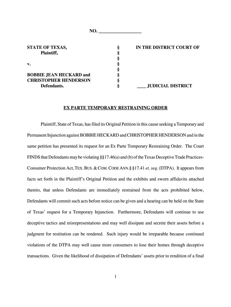 Temporary Restraining Order Texas Template Fill Online Printable