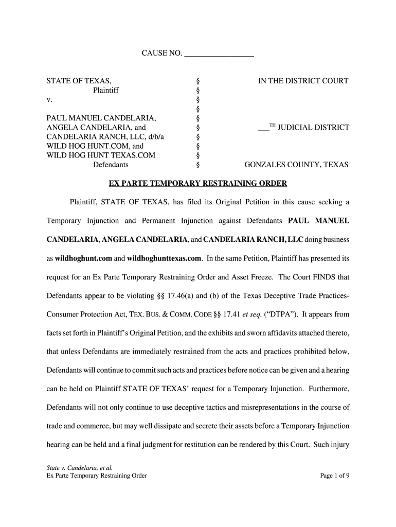 Temporary restraining order against Candelaria Ranch LLC and - oag state tx: Fill out & sign online | DocHub