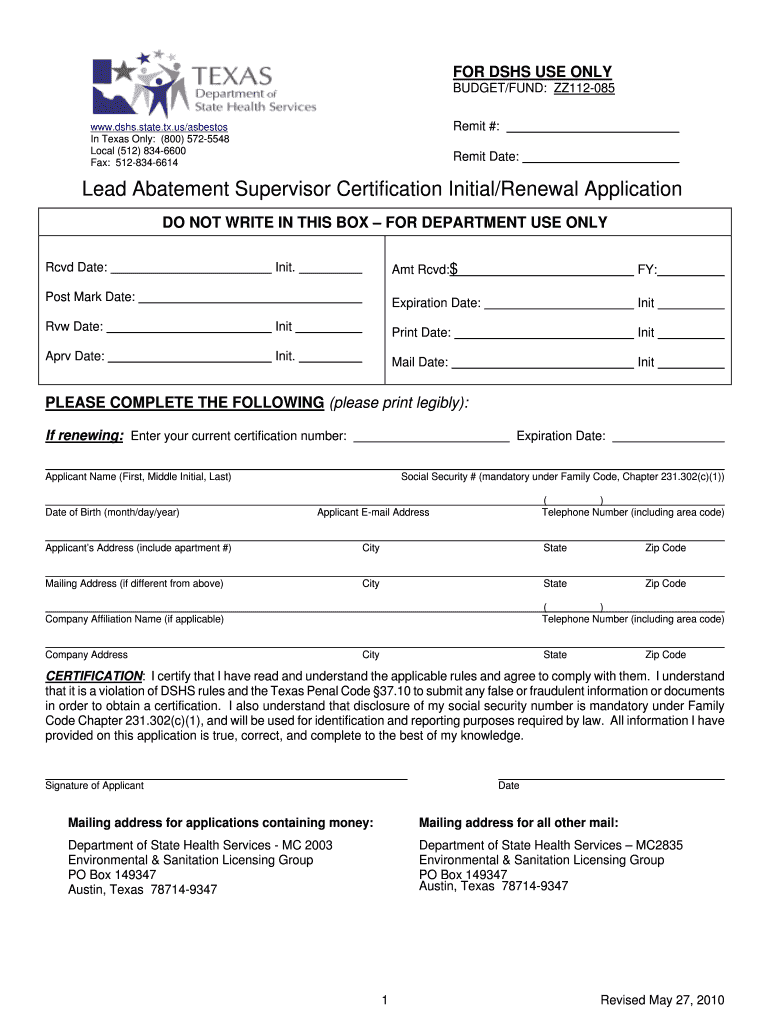 Fillable Online Lead Abatement Supervisor Certification Application Fax ...