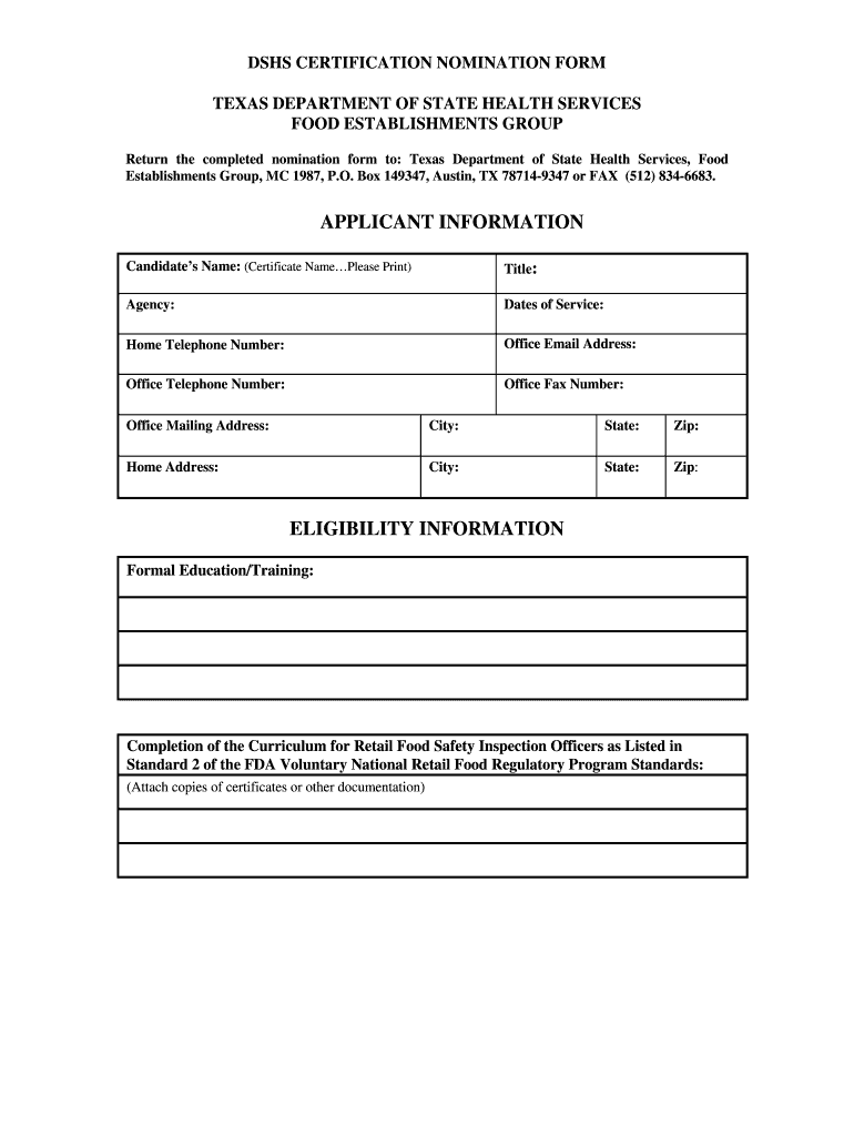 Fillable Online DSHS Certification Nomination Form Fax Email Print ...