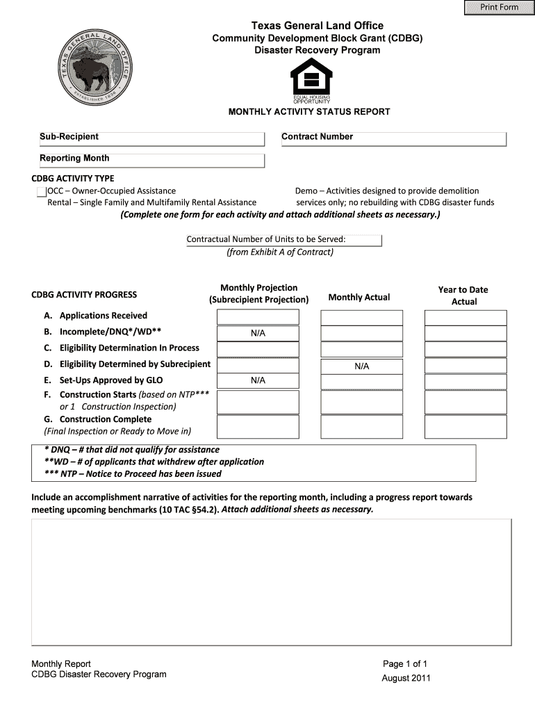 Fillable Online CDBG Disaster Recovery Program Monthly Activity Status ...