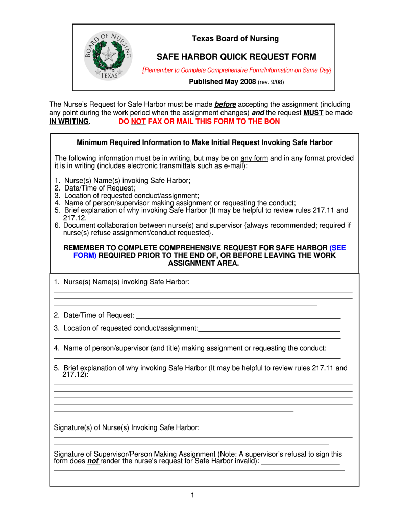 Safe Harbor Quick Request Form - Texas Board of Nursing - Blank ...