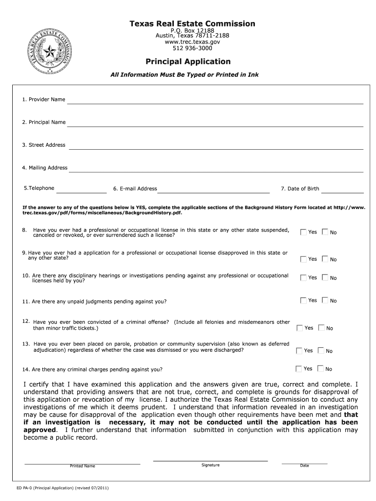 Fillable Online Texas Real Estate Commission Principal Application Fax ...