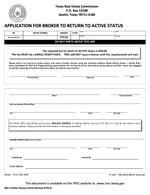 Fillable Online trec state tx Application for Broker to Return to ...