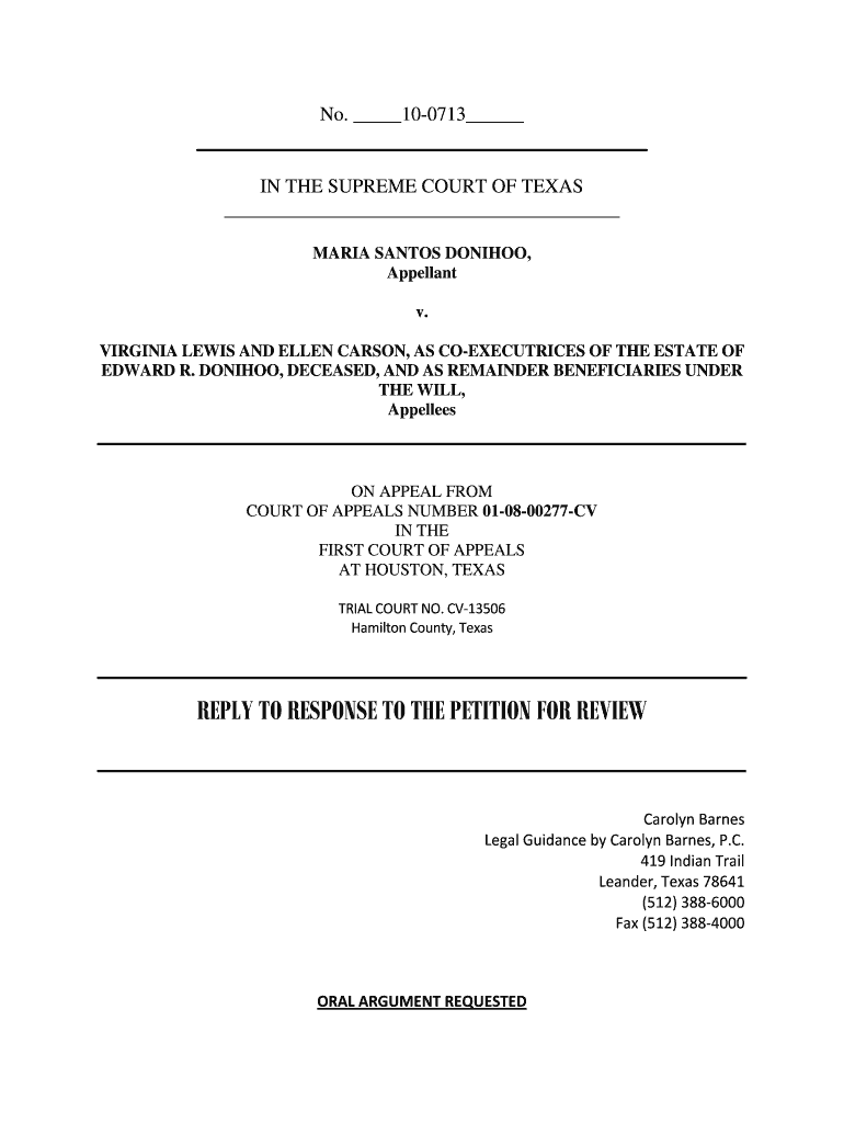 Fillable Online supreme courts state tx Reply to response to the petition for review - Supreme ...