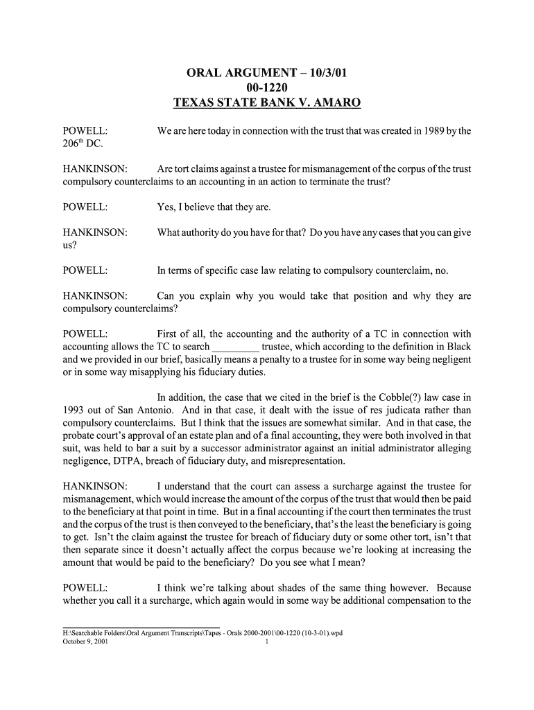 Oral argument 10 3 01 00-1220 texas state bank v amaro: Fill out & sign ...
