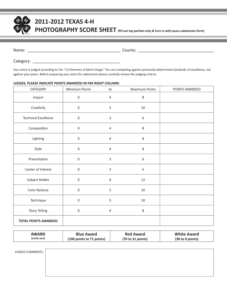 Fillable Online Texas 4-H Photography Score Sheet Fax Email Print ...
