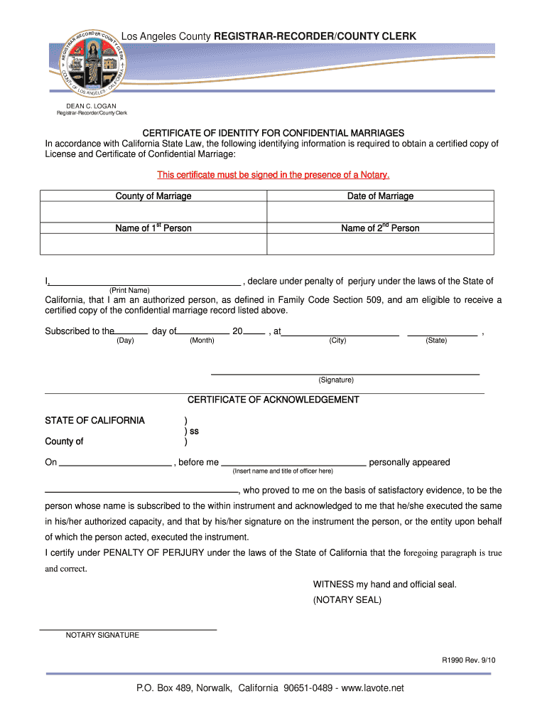 Fillable Online Certificate of Identity for Confidential Marriages Fax ...