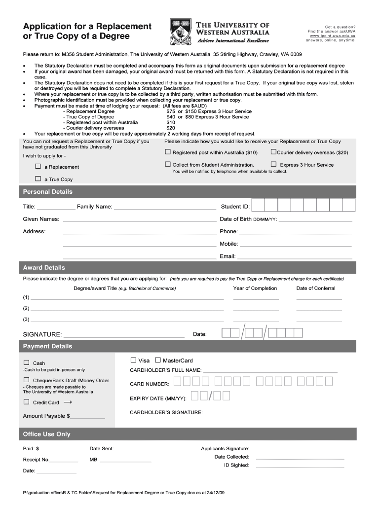 Fillable Online Application for a Replacement or True Copy of a Degree Fax Email Print - pdfFiller