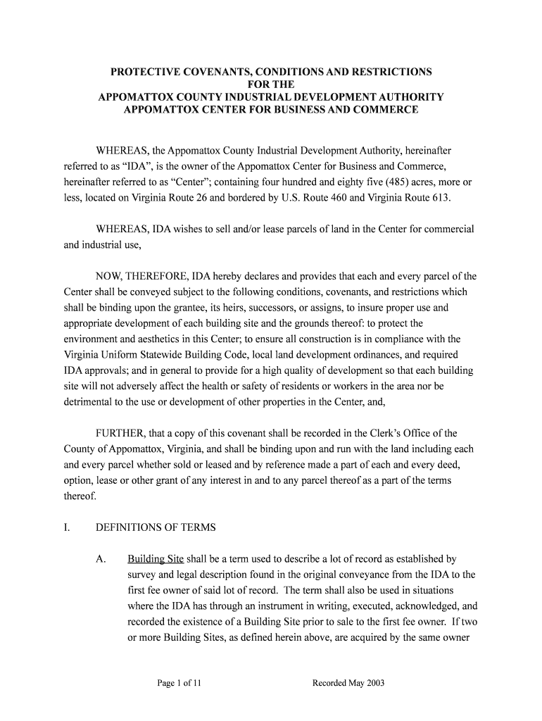 Appomattox Center Protective Covenants - Appomattox County: Fill out ...