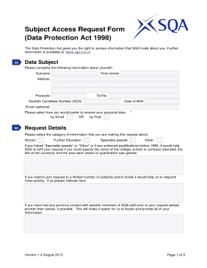 Fillable Online sqa org Subject Access Request Form - Scottish Qualifications Authority Fax ...