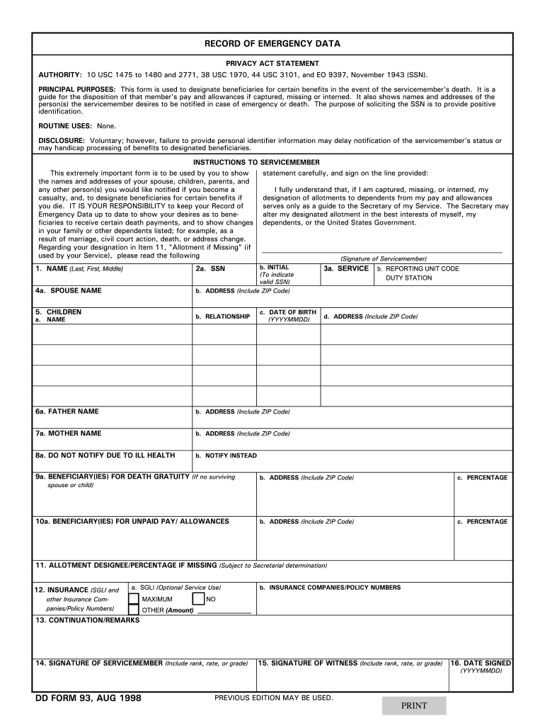 1998 Form DD 93 Fill Online Printable Fillable Blank PdfFiller
