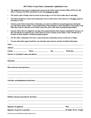 Fillable Online fulton osu 2011 Fulton County Dairy Ambassador ...
