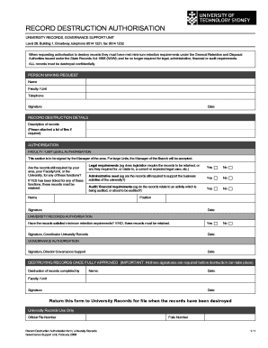 Fillable Online records uts edu Record Destruction Authorisation form ...