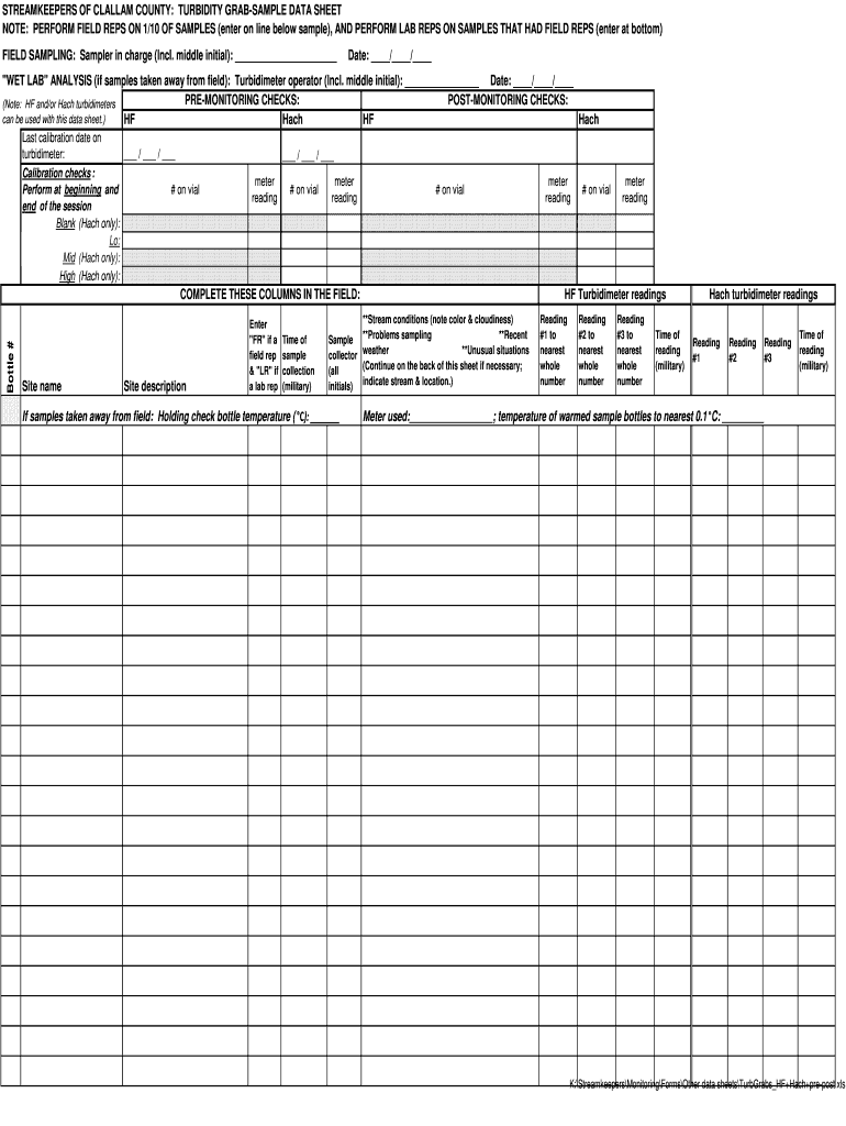 Fillable Online Streamkeepers of Clallam County: Turbidity Grab-Sample ...