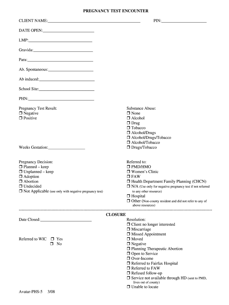Pregnancy Test Encounter Form - Blank Fillable Template | Fill Out ...