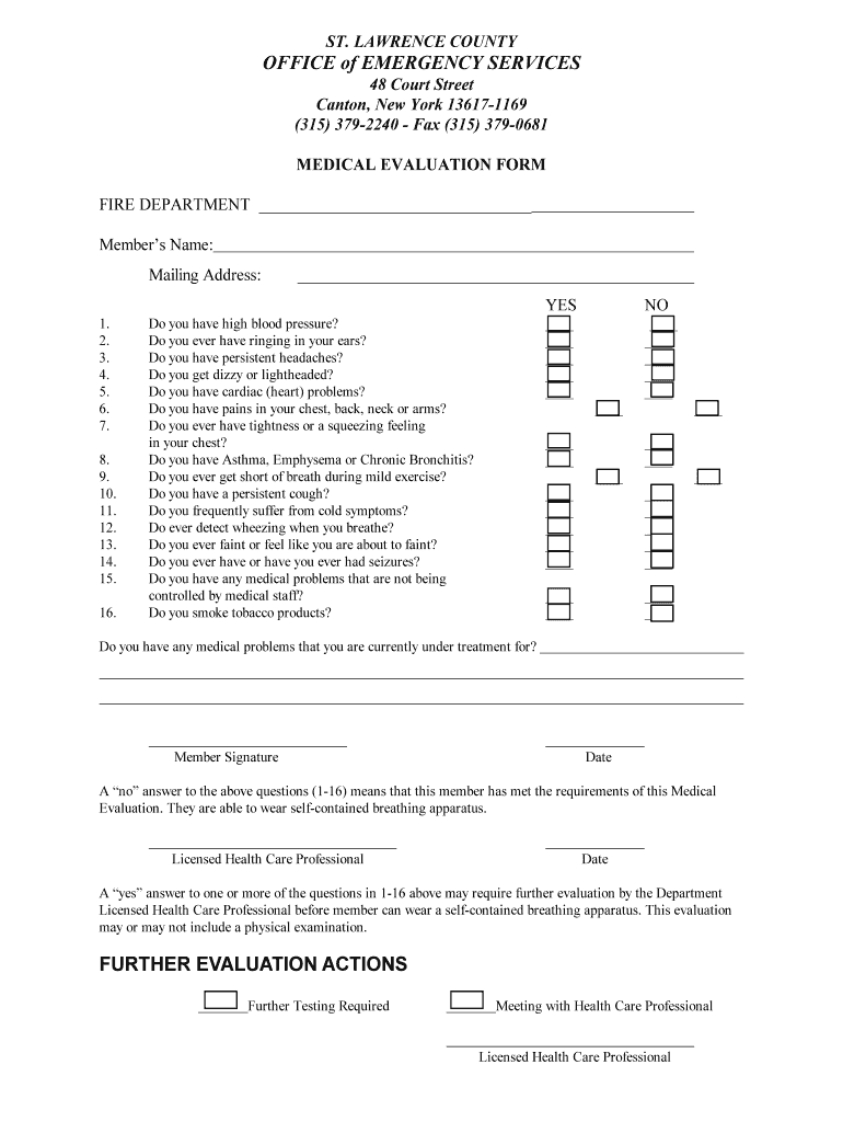 Fillable Online Medical Evaluation Form for Fire Department Members Fax ...