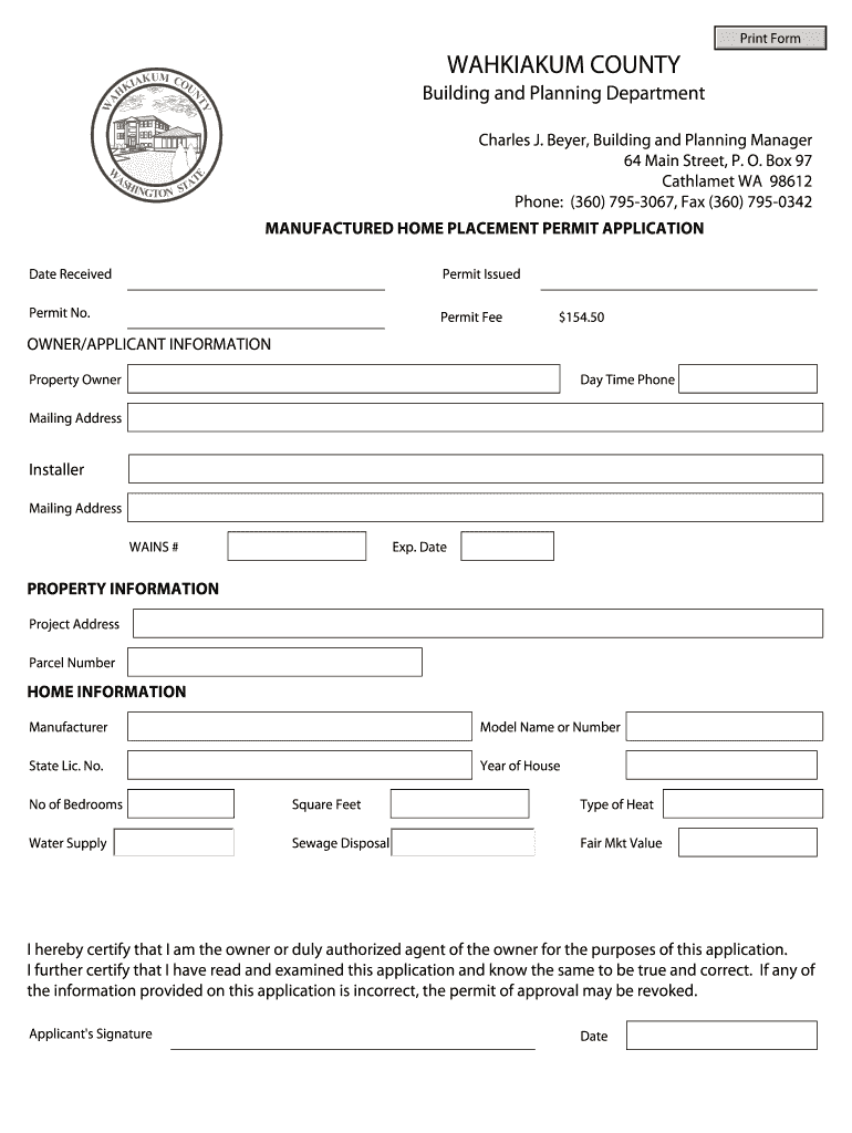 Fillable Online Manufactured Home Placement Permit Application Fax Email Print - pdfFiller