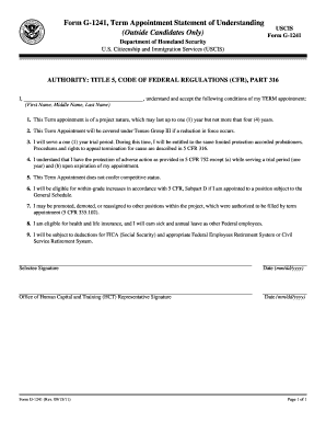 Fillable Online uscis Form G-1241, Term Appointment Statement of ...