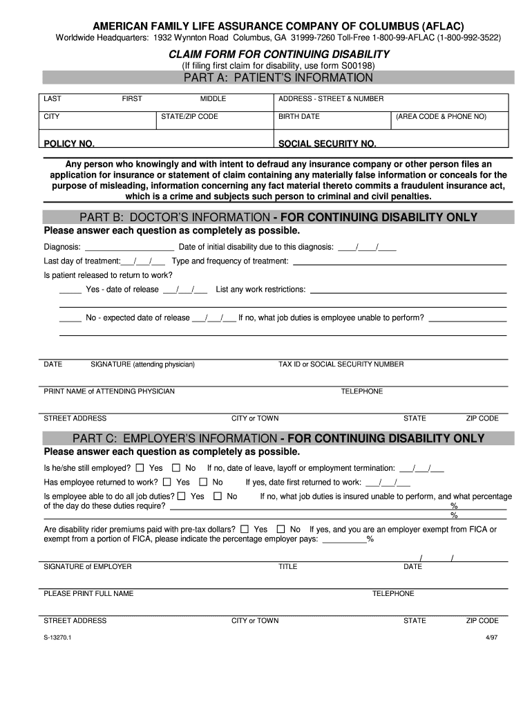 Fillable Online Claim Form for Continuing Disability Fax Email Print ...