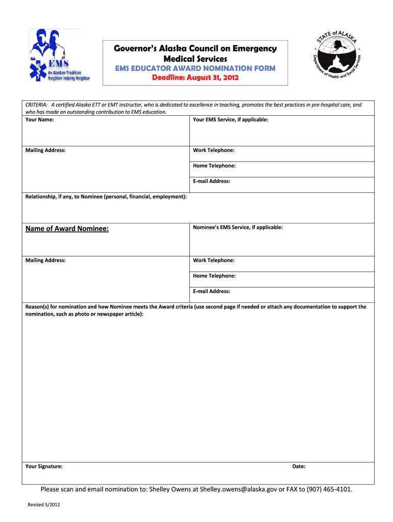 Fillable Online EMS Educator Award Nomination Fax Email Print - pdfFiller