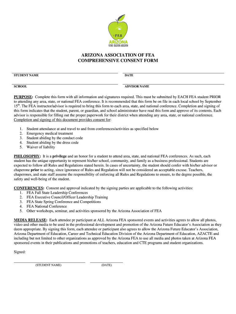Fillable Online Comprehensive Consent Form for FEA Students Fax Email ...