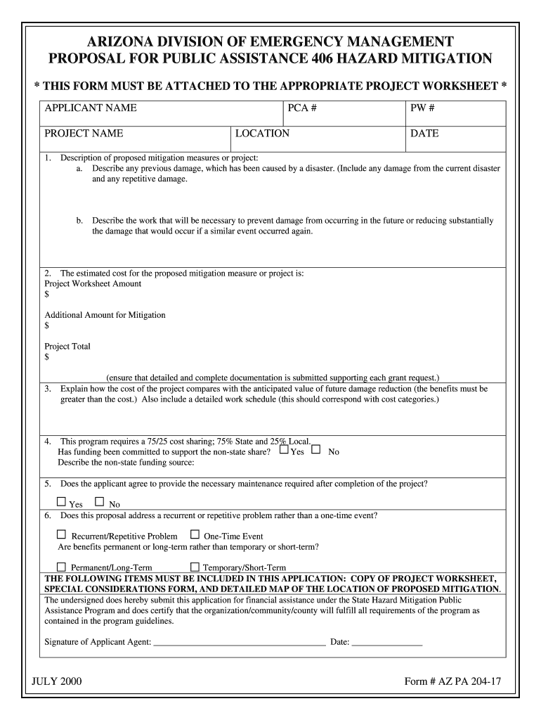 Fillable Online Proposal for Public Assistance 406 Hazard Mitigation ...