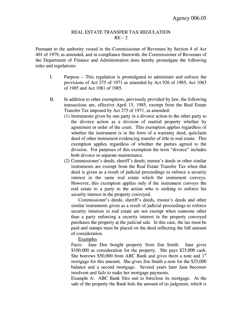 1985 x REAL ESTATE TRANSFER TAX REGULATION doc Report: Fill out & sign ...
