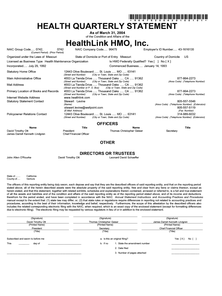 Fillable Online Health Quarterly Statement of HealthLink HMO, Inc. Fax ...