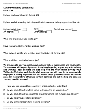 Fillable Online cdss ca WTW 19 (1/02) - Learning Needs Screening ...