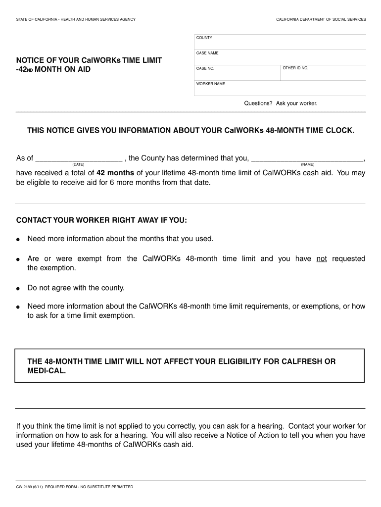 Fillable Online Notice of CalWORKs Time Limit - 42nd Month on Aid Fax ...