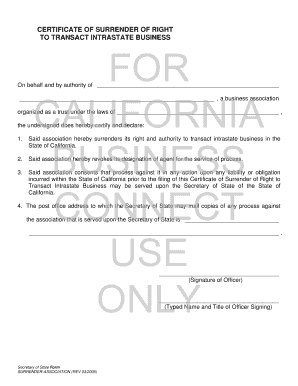 Fillable Online sos ca Certificate of surrender of right to transact ...