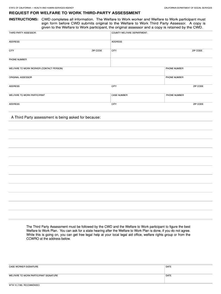 Fillable Online Request for Welfare to Work Third-Party Assessment Fax ...