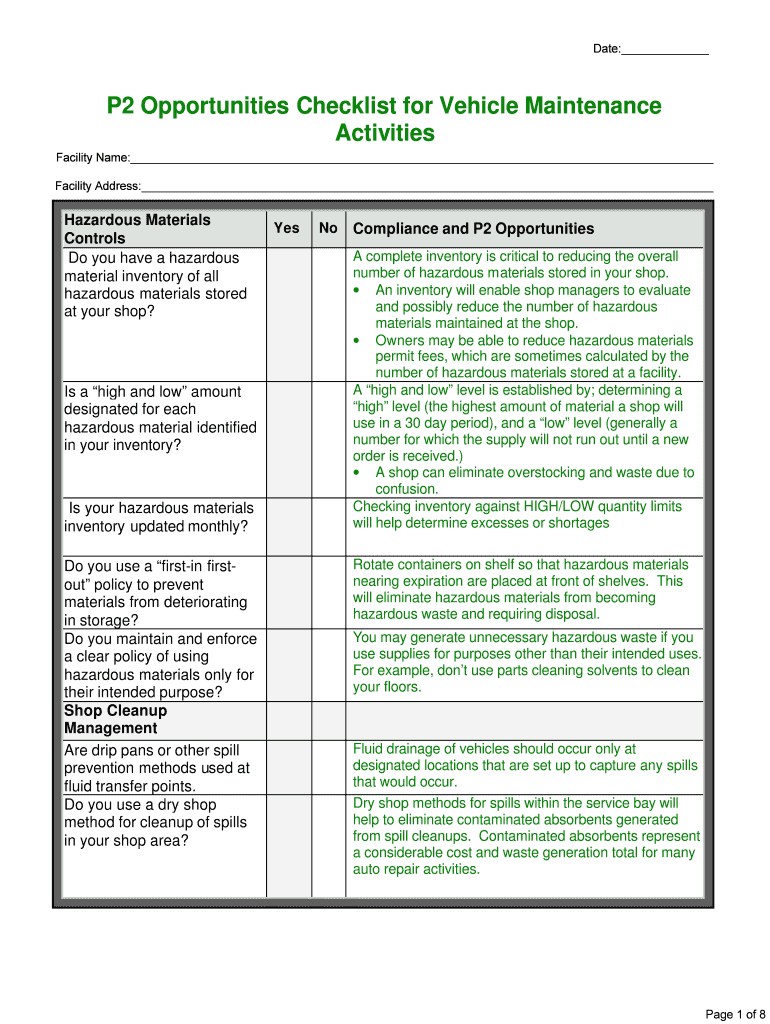 Fillable Online P2 Opportunities Checklist for Vehicle Maintenance Fax Email Print - pdfFiller
