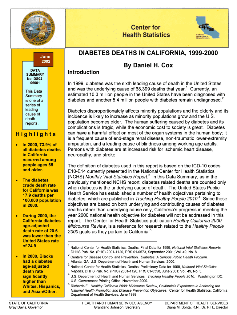 Diabetes Deaths in California, 1999-2000 This report presents data on ...