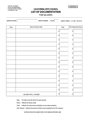 Fillable Online cac ca List of Documentation Form - California Arts ...