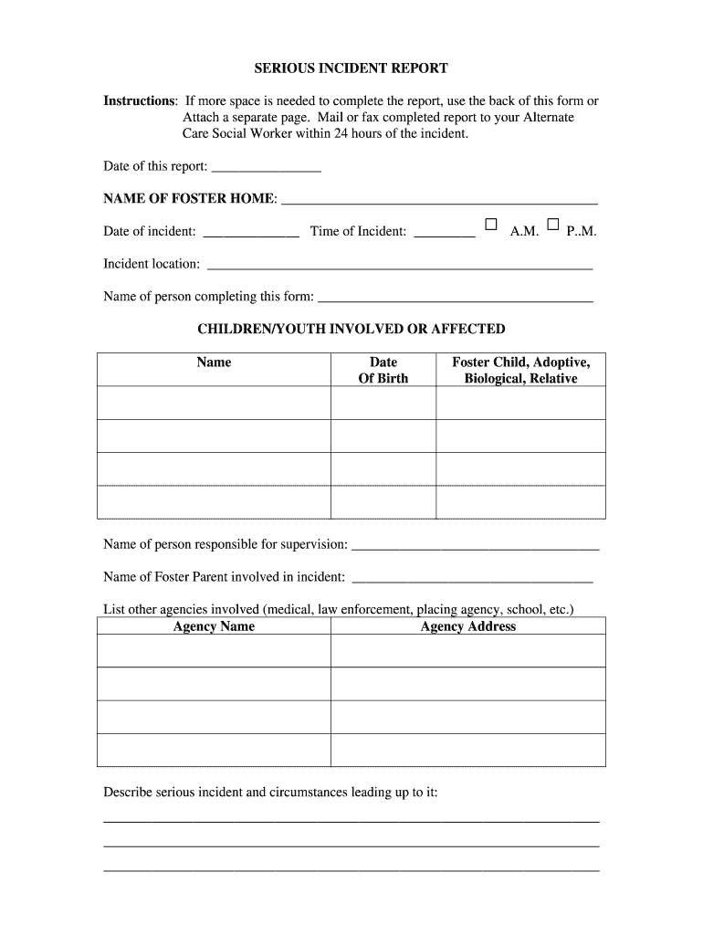 Fillable Online Serious Incident Report for Foster Care Fax Email Print ...