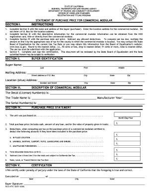 Fillable Online hcd ca Statement of Purchase Price for Commercial ...