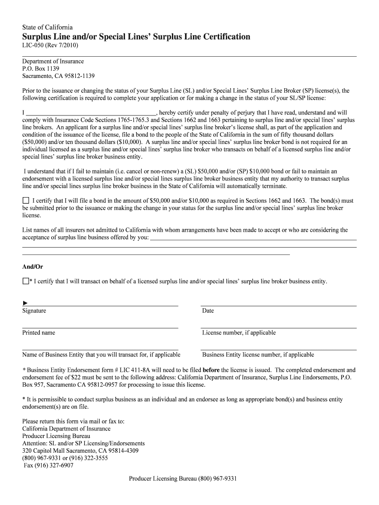 Fillable Online insurance ca Surplus Line and/or Special Lines' Surplus ...