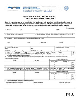 Fillable Online bpm ca P1A - Application for a Certificate to Practice ...