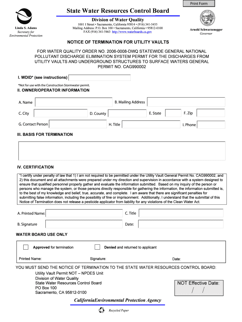 Fillable Online NOTICE OF TERMINATION FOR UTILITY VAULTS Fax Email ...