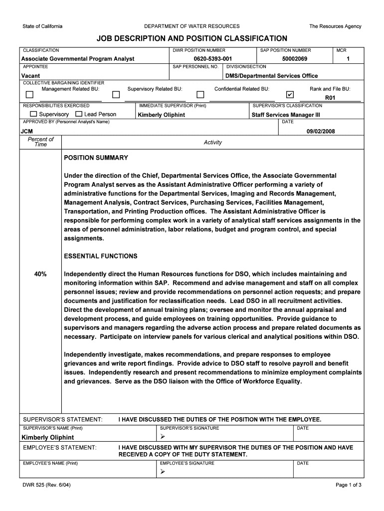 Fillable Online JOB DESCRIPTION AND POSITION CLASSIFICATION Fax Email ...
