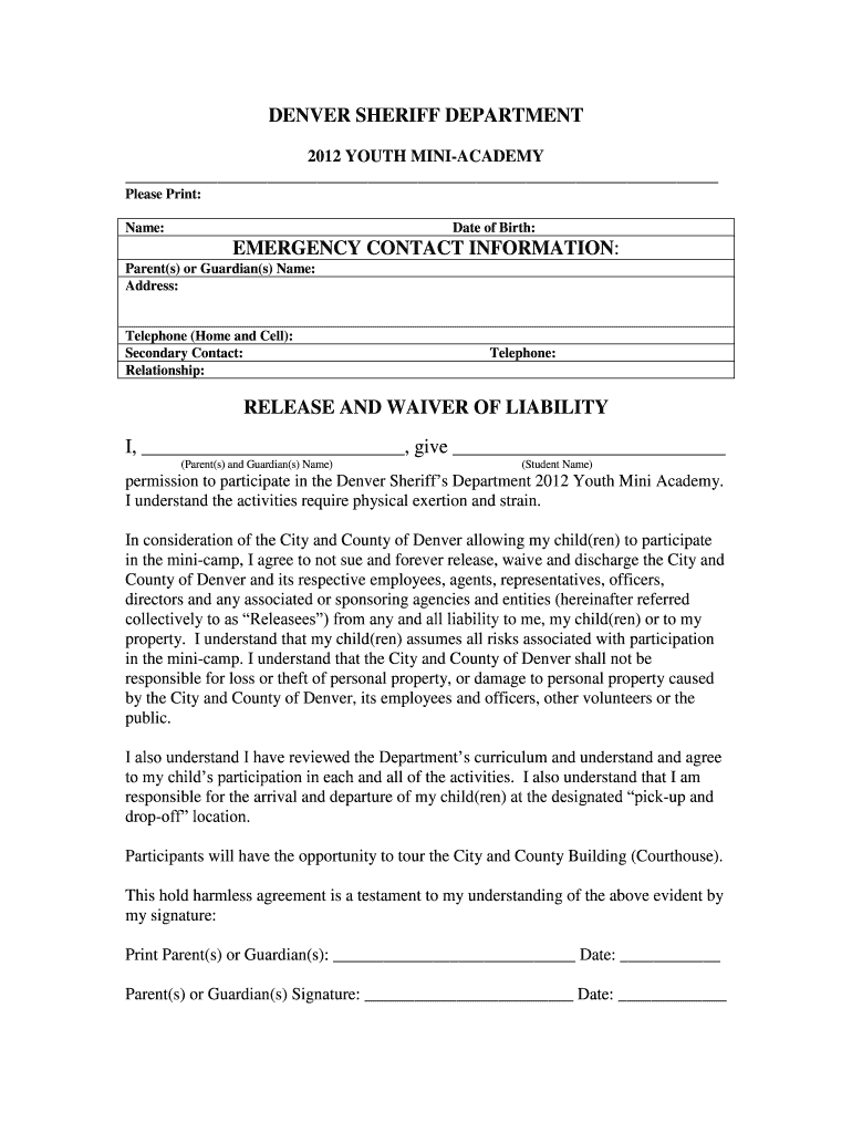 Fillable Online 2012 Youth Mini-Academy Participation and Waiver Form Fax Email Print - pdfFiller