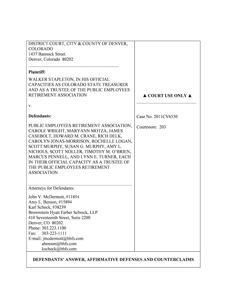 Fillable Online DEFENDANTS’ ANSWER, AFFIRMATIVE DEFENSES AND ...